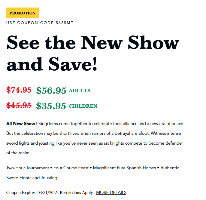 15% Off - Medieval Times Promo Codes for February 2025