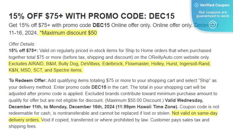 20% Off O'Reilly Auto Parts Coupons & Coupon Codes - December 2024