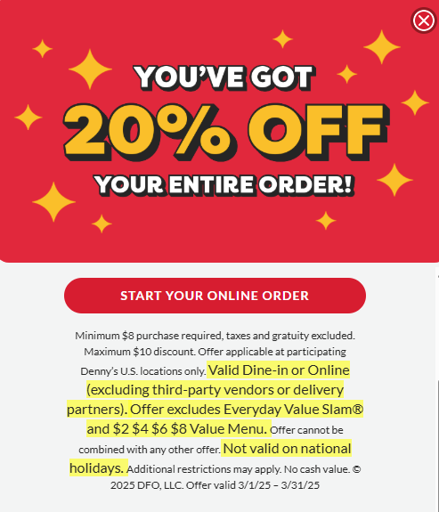 Denny's Coupons: 20% Off - March 2025