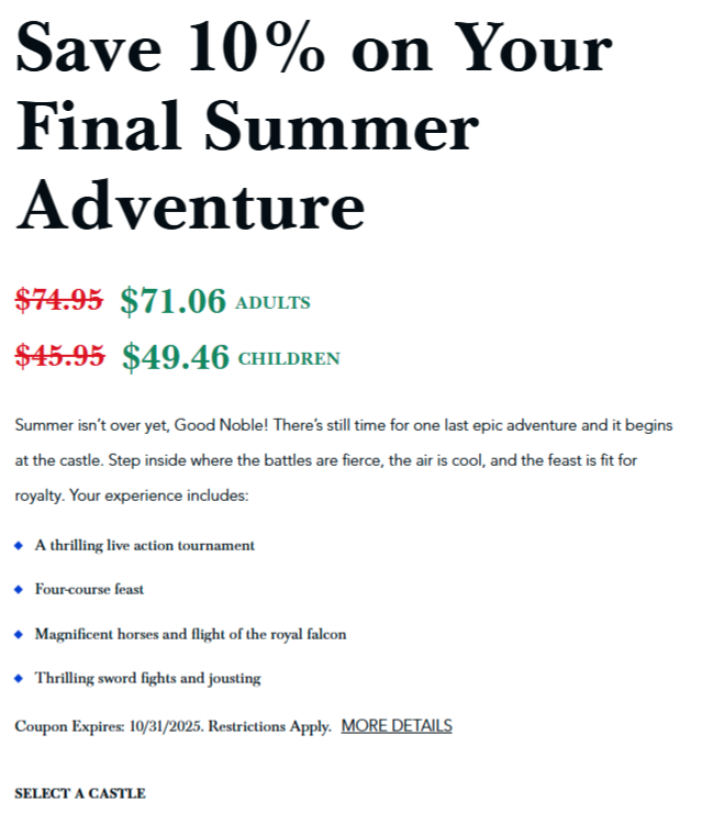 9 Medieval Times Coupons & Promo Codes for October 25